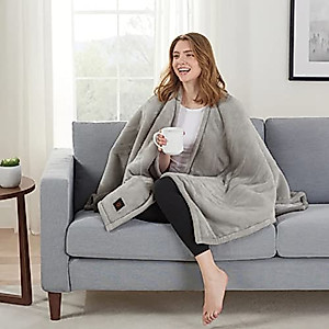 Brookstone Home Decor - Soft Plush Sherpa Lined Wearable Electric Heated Poncho - 1 Button 4-Heat Settings - Auto Shut Off Machine Washable - Warm Fashionable Living Room & Bedroom Blanket (Grey)
