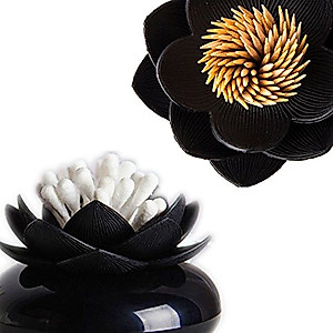 JforSJizT 2pcs Lotus Cotton Swab Holder,Q-Tips Toothpicks Canisters Holder with Clear Lid Dustproof Cover,Cotton Bud Brushes Holder Box Case Storage Organizer Jar(Black + White