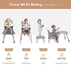 VEEYOO Baby High Chair 6 in 1, Convertible high Chair/Dinning Booster Seat/Toddlers Table & Chair Set with Easy Clearance, Removable Tray, Adjustable Legs, Safety Harness for Girl/boy