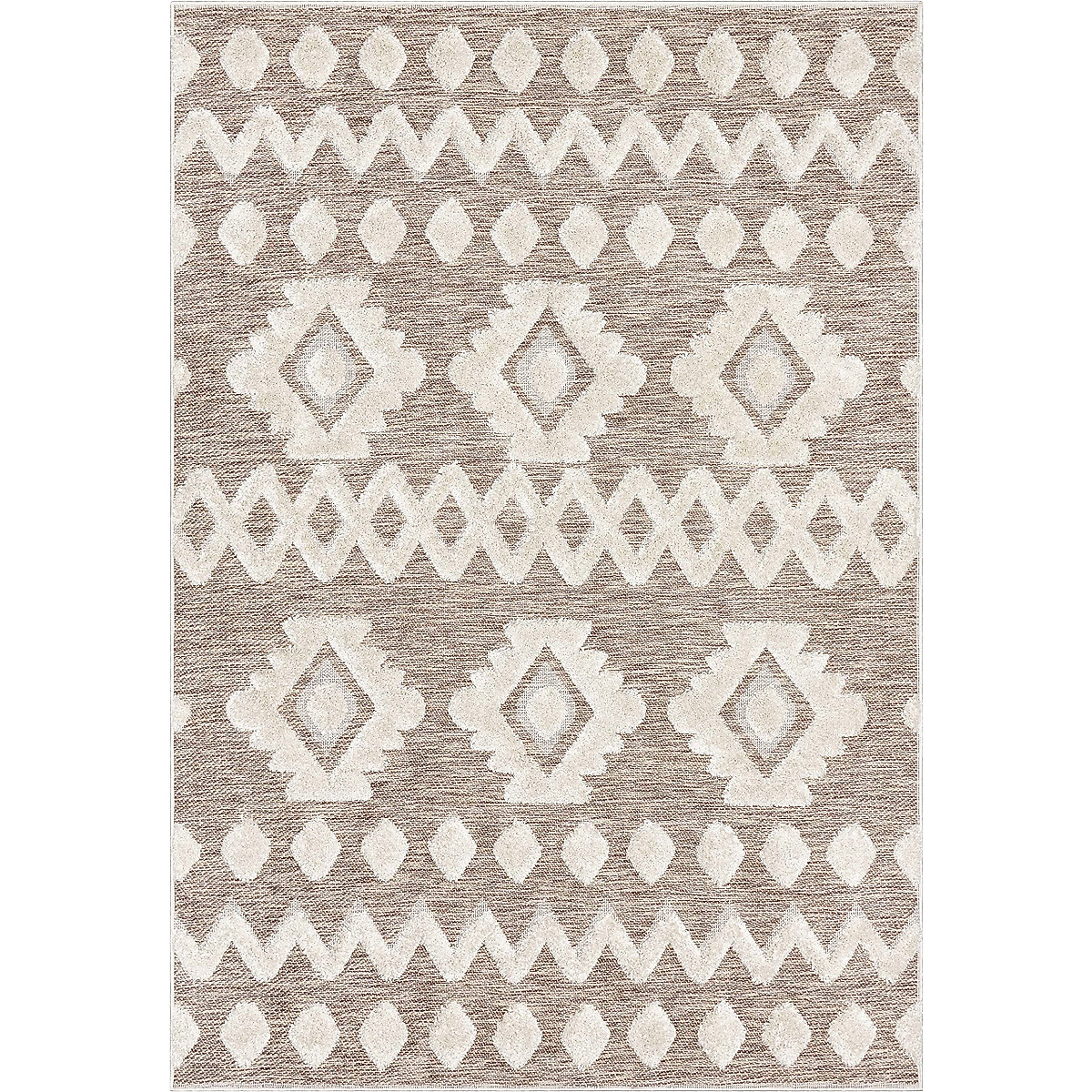 Well Woven Cenar Beige Flat-Weave Hi-Low Pile Diamond Medallion Stripes Moroccan Tribal 5'3" x 7'3" Area Rug