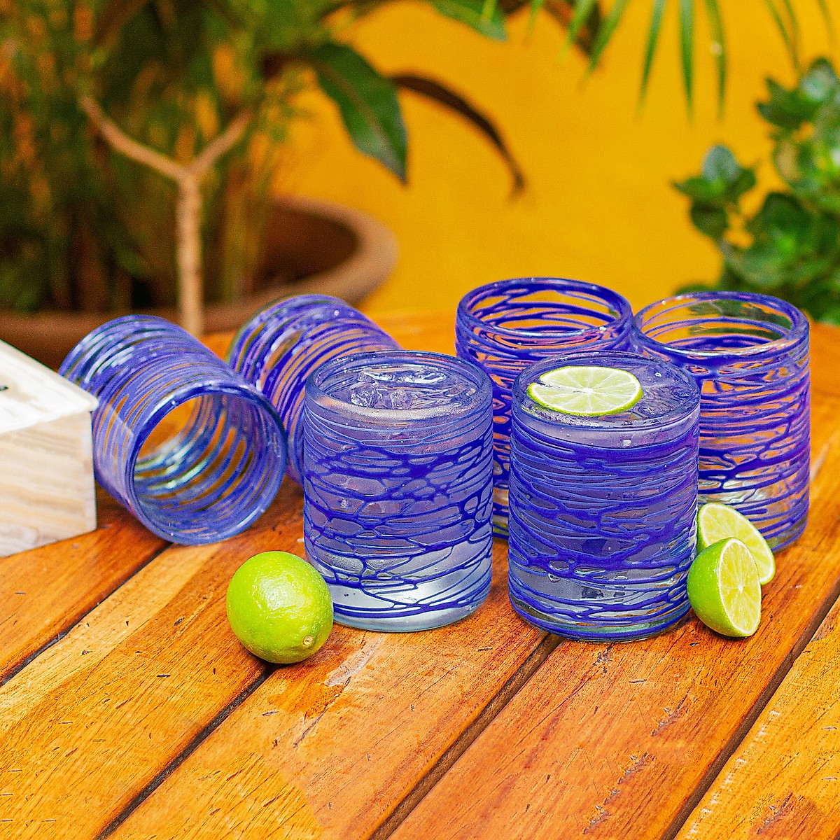 NOVICA Artisan Handblown Glass Rock Sapphire Blue Swirl Mexico Tableware Drinkware 'Sapphire Swirl'(Set of 6)
