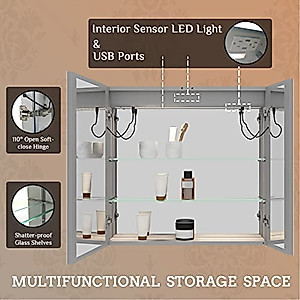 LIGMIRR Bathroom Medicine Cabinet with Lights, 36×30 Inch LED Medicine Cabinet with Mirror, Double Door Lighted Medicine Cabinet with Defogger, Dimmer, Clock & Temp Display, 2 Outlets & USB Ports