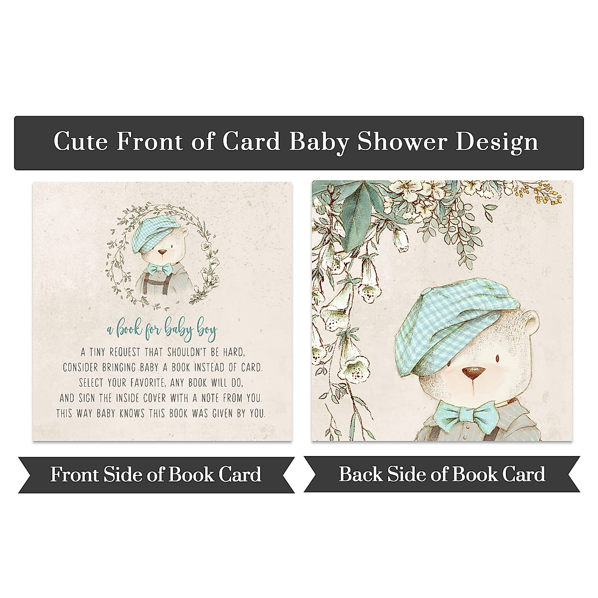 Paper Clever Party Teddy Bear Bring a Book Cards for Baby Shower (25 Pack) Boys Invitation Insert for Bow Tie Parties – Rustic Greenery Theme Blue – 4x4 Printed Card Set