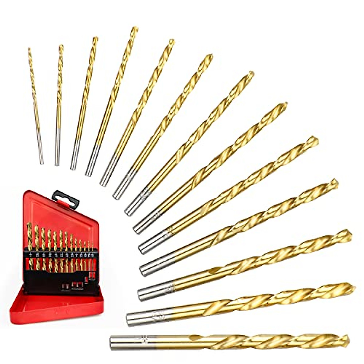 wesleydrill 13PCS Left Hand Drill Bit Set 1/16"-1/4" Titanium Twist Reverse Drill Bits Fit for Cutting Metal, Cast Iron, Hard Plastics and Wood, and Softer Materials