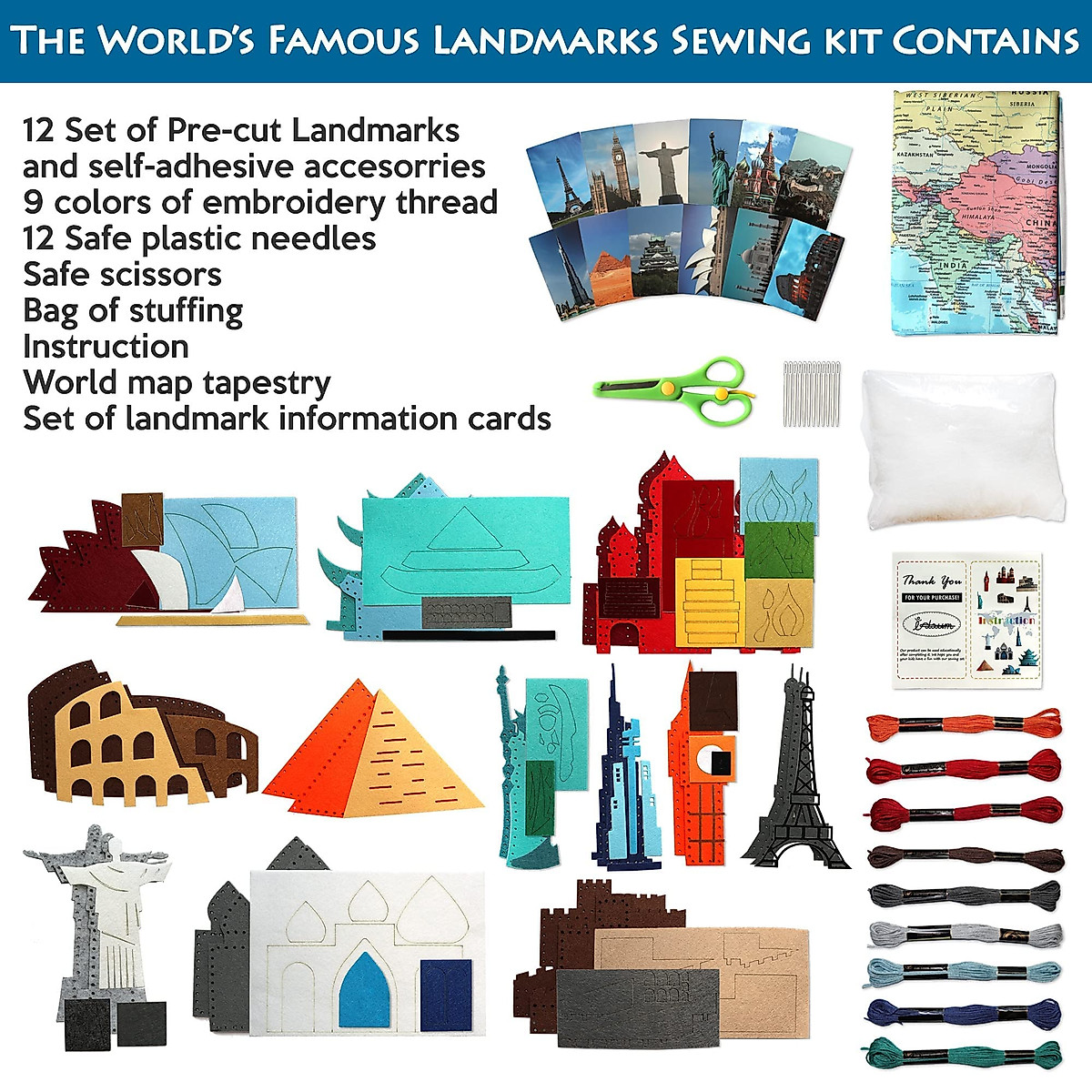 i-daum Sewing Kit for Kids - Worldwide Landmarks Craft kit w. World map, Information Cards, Educational Arts & Crafts Gift for Boys and Girls Ages 8-12, DIY Kid Felt Sewing Project Includes 37 Items