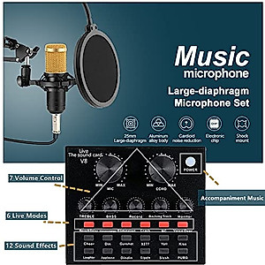 Podcast Equipment Bundle, BM-800 Recording Studio Package with Voice Changer, Live Sound Card - Audio Interface for Laptop Computer Vlog Living Broadcast Live Streaming YouTube TikTok (AM100-V8)