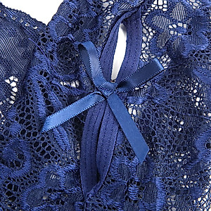 LadyIn Women's Sexy Lingerie One Piece Women Deep V Teddy Floral Lace Bodysuit Babydoll Navy Blue