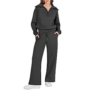 Prinbara Women 2 Piece Outfits Lounge Sets 2024 Winter Oversized Sweatshirt Wide Leg Pant Casual Matching Sweat Set Tracksuit Black Small