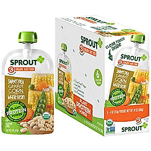 Sprout Organic Baby Food, Stage 3 Pouches, Sweet Pea & White Bean Plant Powered Protein, 4 Oz Purees (Pack of 6)