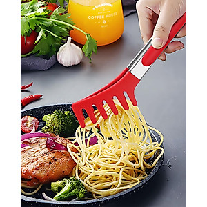 Spaghetti Spoon and Pasta Tong, Non-stick Silicone Spoon Server Fork with teeth and Stainless Steel Handle Spaghetti Tong, Food Clip for Spaghetti Noodle, Red
