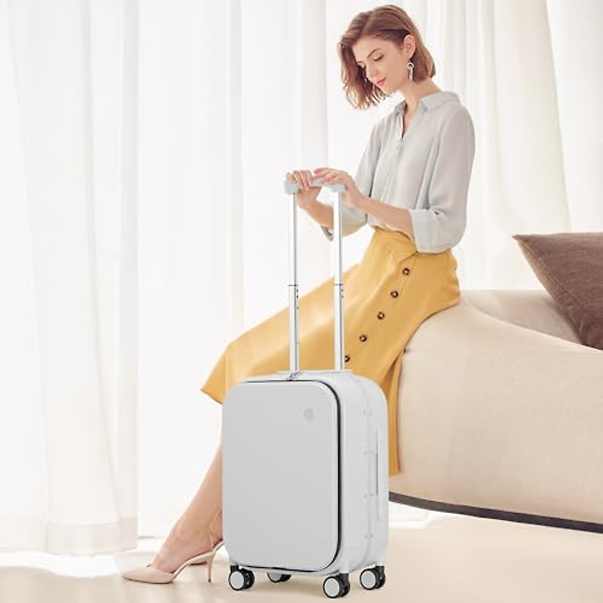 Mixi Carry On Luggage, 20'' Suitcase with Front Laptop Pocket, Travel Rolling Luggage Aluminum Frame PC Hardside with Spinner Wheels & TSA Lock and Cover - Smoke White