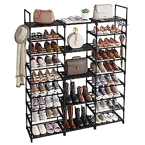 Fixwal 9 Tiers Shoe Rack Organizer, Shoe Organizer for Closet for 50-55 Pairs of Shoes and Boots, Stackable Metal Shoe Shelf with Hooks for Entryway, Shoe Racks for Bedroom Closet(Black)