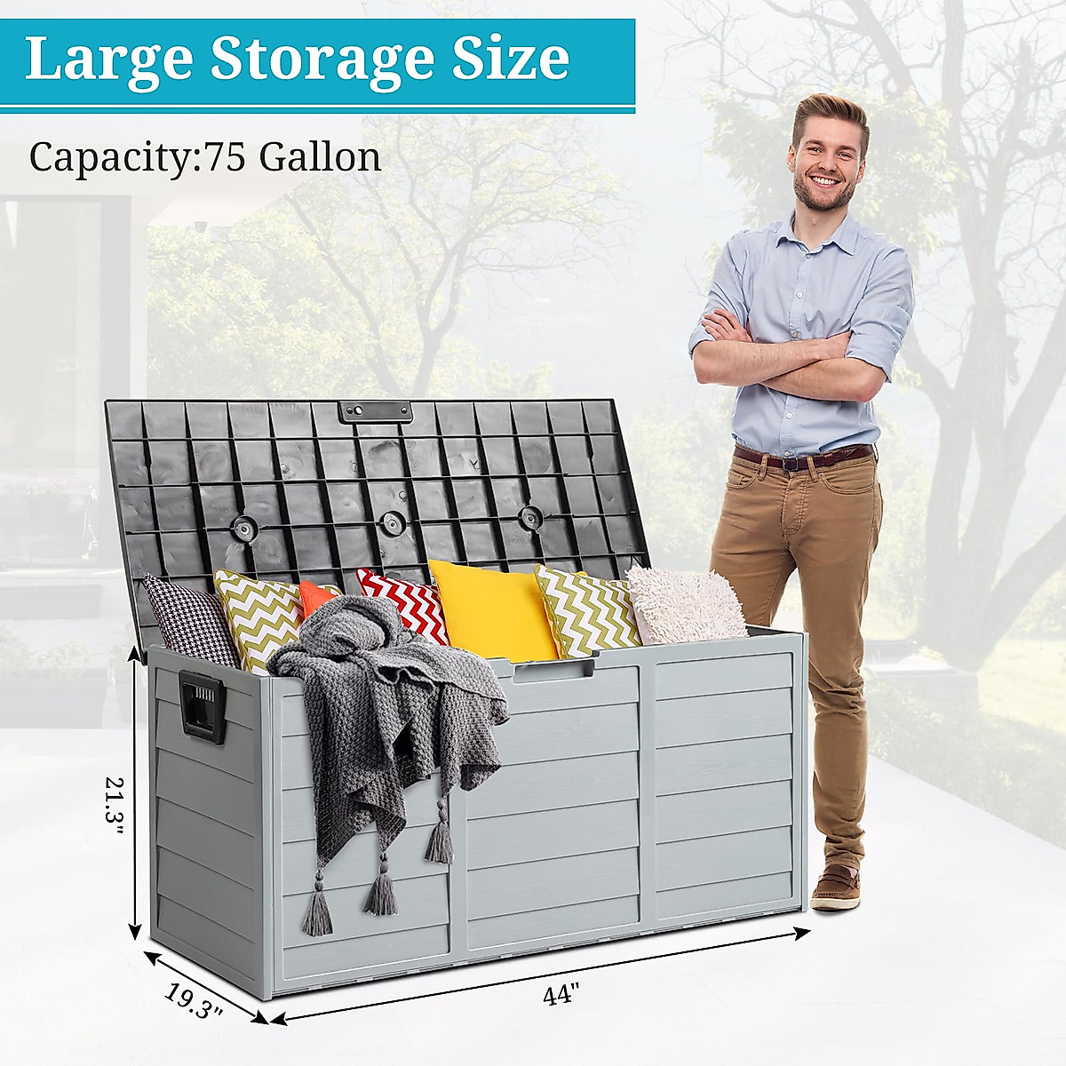 Outvita Deck Storage Box, 75 Gallon Durable Storage Container Bin Store Patio Cushions, Pool Toys and Yard Stools Outdoor Patio Garden for (Gray)
