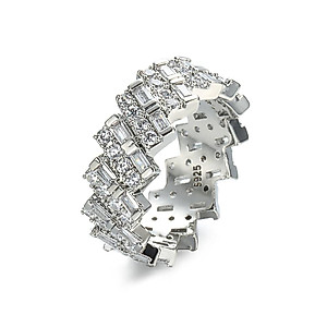 hsiyyecg Fashion Round and Baguette Cut Silver Plated Cubic Zirconia Wedding Band Eternity Bands Ring for Men Women Size10, 9, 8, 7, 6 (US Size 6)