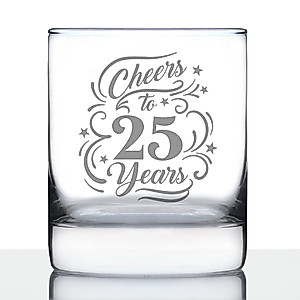 Cheers to 25 Years - Whiskey Rocks Glass Gifts for Women & Men - 25th Anniversary Party Decor - 10.25 Oz Glasses