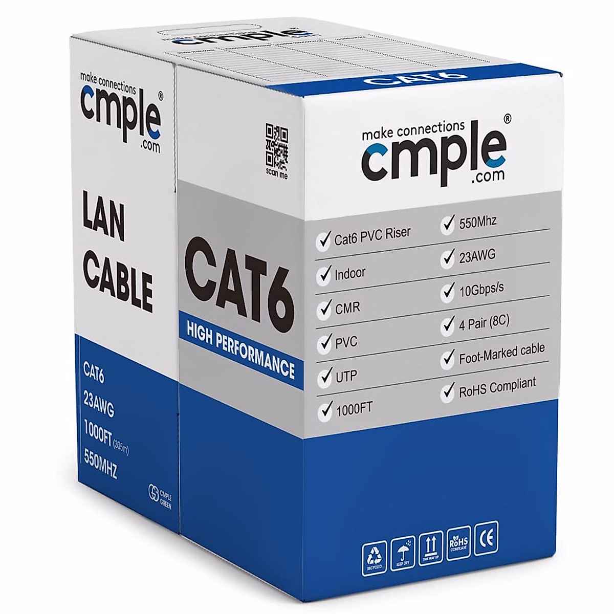Cmple - Cat6 Cable 1000ft Bulk Lan Ethernet Cat 6 Wire Network UTP 23AWG CMR Riser 10Gbps 550 MHz Pull Box 1000 Feet, White