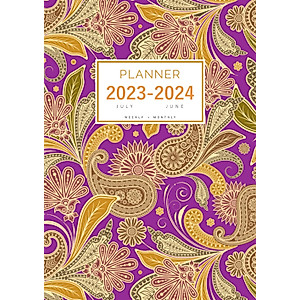 Planner July 2023-2024 June: A4 Weekly and Monthly Organizer | Indian Paisley Floral Design Purple