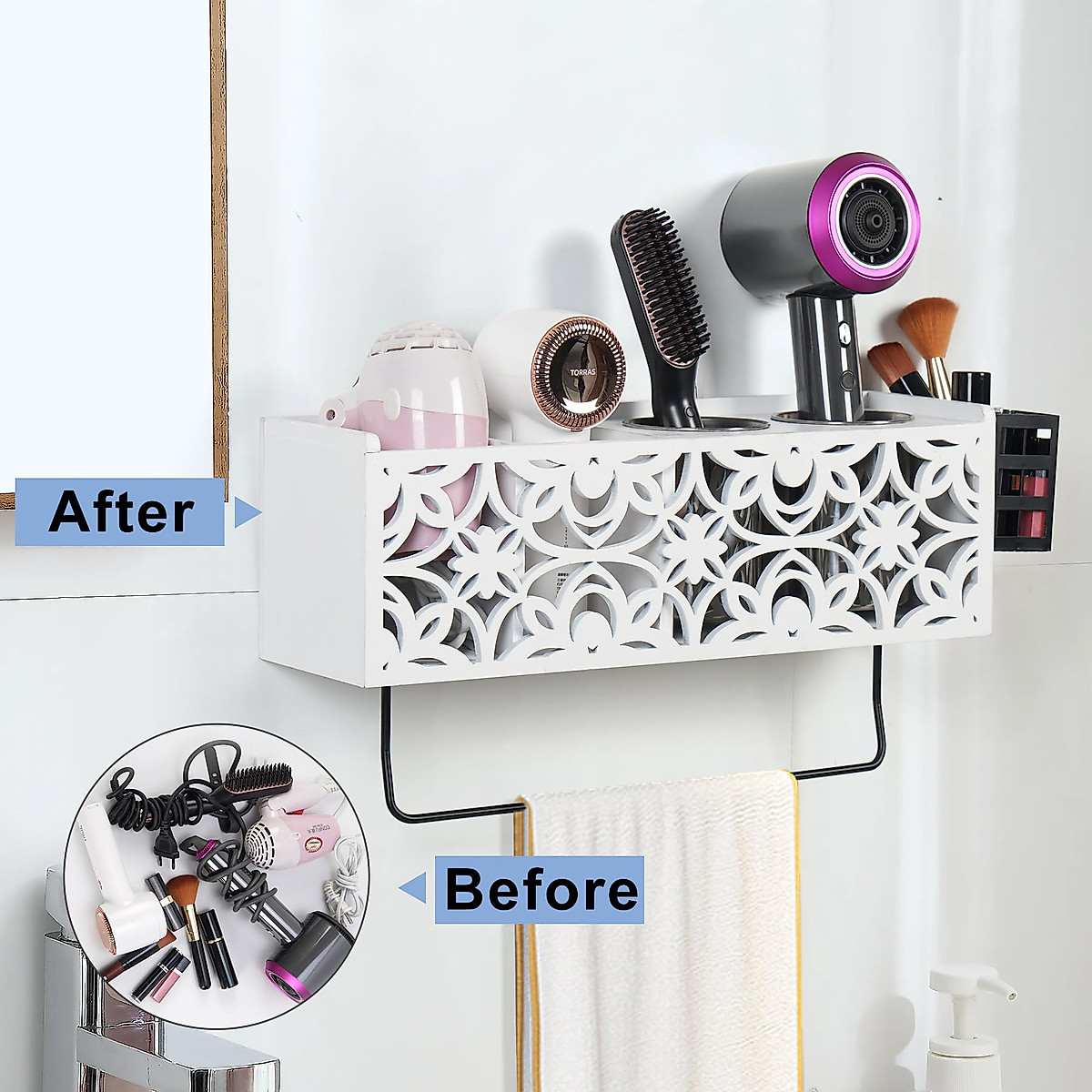 TRSPCWR Hair Tool Organizer Wall Mounted, Hair Dryer and Styling Holder with Towel Bar, Bathroom Blow Dryer Holder with Side Basket, Farmhouse Vanity Caddy Storage Stand for Accessories, Makeup