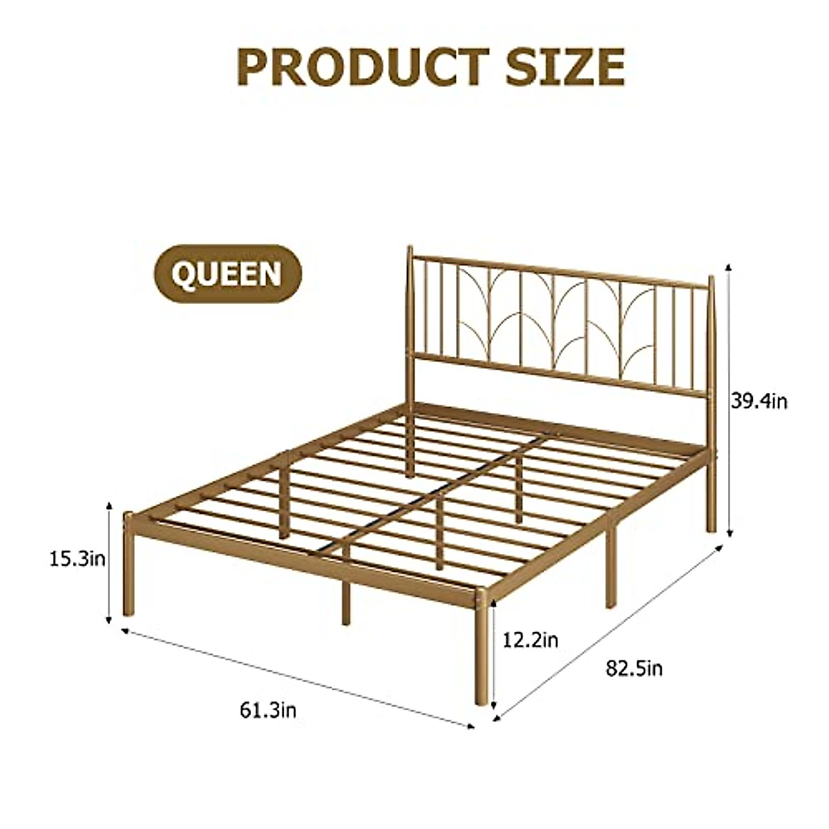 Senfot Bed Frame, Gold Metal Queen Size Platform Bed Frame with Headboard, Heavy Duty Metal Slat Support, Mattress Foundation, Noise Free Design, Easy Installation, Gold