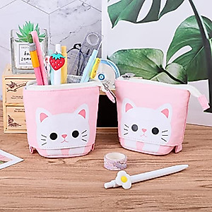 iSuperb Cute Pencil Case Standing Pen Holder Cat Pencil Bag Cartoon Pen Box Kawaii Pencil Pouch Big Makeup Cosmetics Bag with Zipper for Office Organizer Travel Storage Women Men