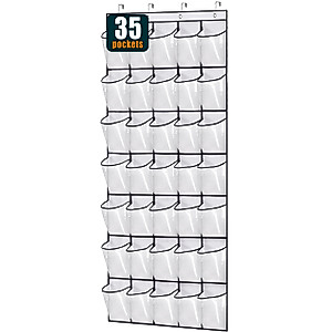 MISSLO 35 Clear Large Pockets Over The Door Shoe Organizer Sturdy Oxford Fabric Hanging Shoe Rack Closet Shoe Holder Hanger, White