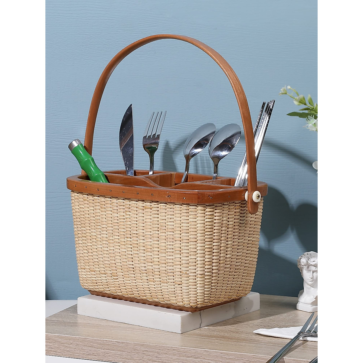 Teng Tian Nantucket Utensil Caddy Napkin Holder and Organizer Multi-Purpose Rattan Caddy Ideal for Kitchen Dining Entertaining Tailgating Picnics
