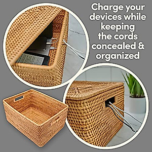 ONBIM Rectangular Rattan Storage Basket - 18"L x 13"W x 12"H Large Wicker Basket with Lid and Handles, Rattan Basket with Lid, Handwoven Fern Wicker Basket, Sturdy and Lightweight Rattan Decor