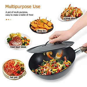 Non-Stick Cast Iron Wok Small Wok Pan with Iron Lid Wodden Handle Suitable for All Stoves, 9" Mini Wok