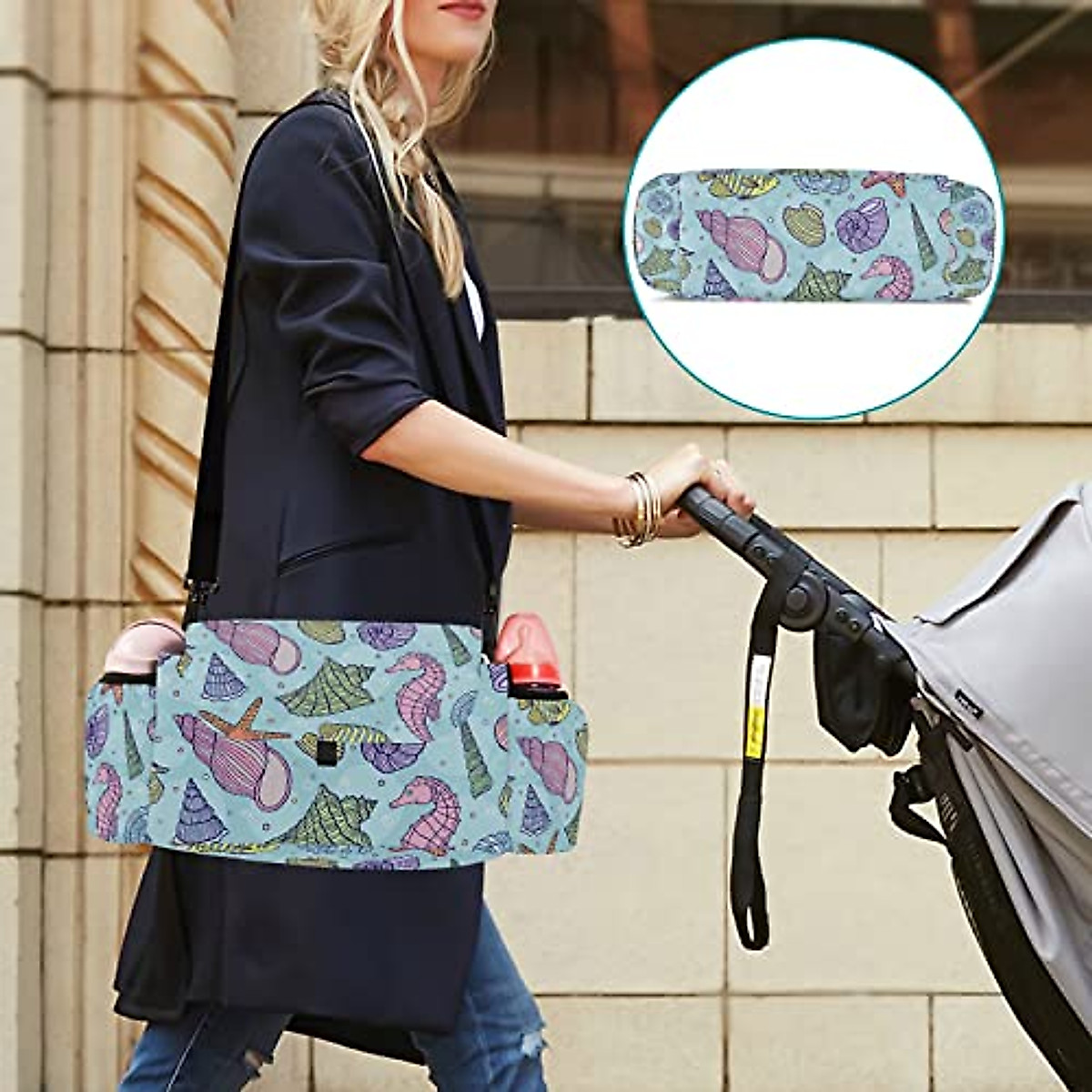 Sinestour Cute Animals Stroller Organizer with Cup Holder Universal Stroller Organizer Bag Detachable Shoulder Strap Stroller Accessories for Diaper Phone Toys Keys Fit All Baby Stroller
