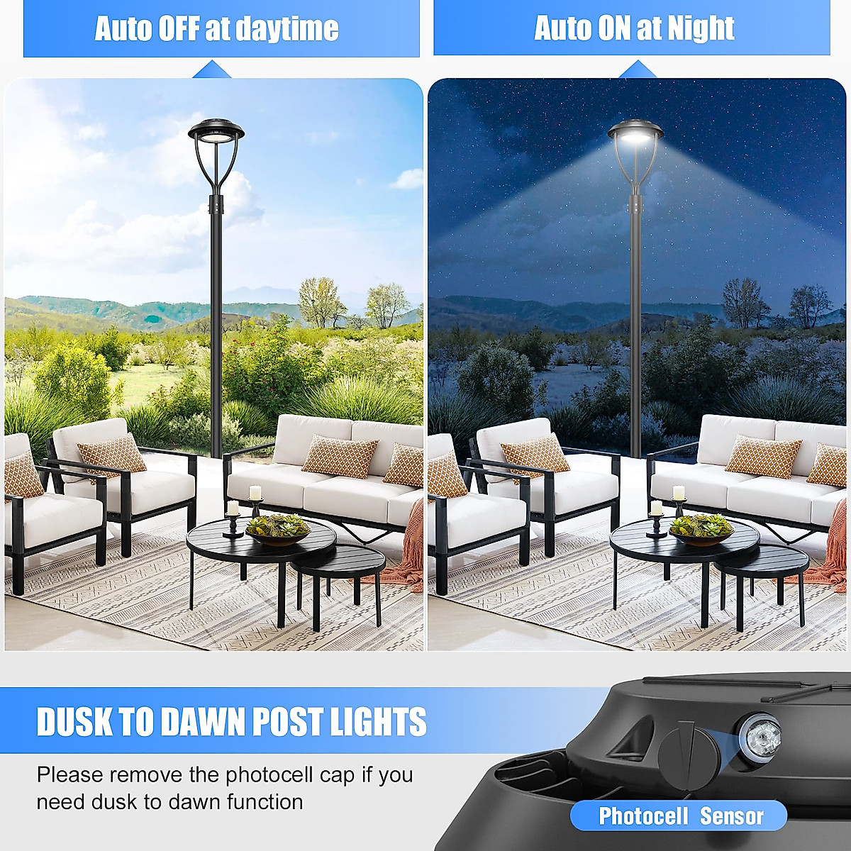 150W LED Post Top Light with Photocell, 150W 120W 90W Adjustable 21000Lm 5000K Outdoor Pole Lights, IP65 Waterproof Post Light Fixtures for Garden Yard Pathway Lighting ETL DLC Listed AC100-277V