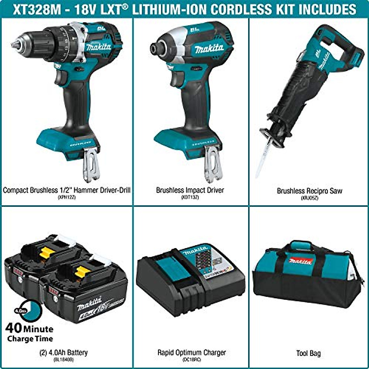 Makita XT328M 4.0 Ah 18V LXT Lithium-Ion Brushless Cordless Combo Kit, 3 Piece