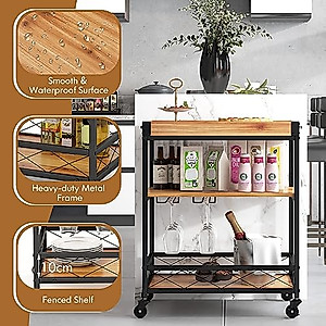 IFANNY Bar Cart, 3 Tier Rolling Cart with Removable Tray and Glass Holder, Wood Coffee Cart on Wheels, Small Kitchen Storage Islands & Carts, Serving Cart for Dining Room, Restaurant, Hotel