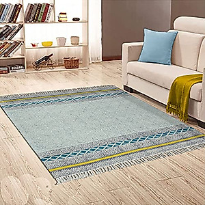 Casavani Hand Block Printed Cotton Dhurrie Geometric Blue & Black Area Rug Doormat Floor Rug Indoor Area Rugs for Bedroom Living Room Laundry Room 6x12 Feet Runner
