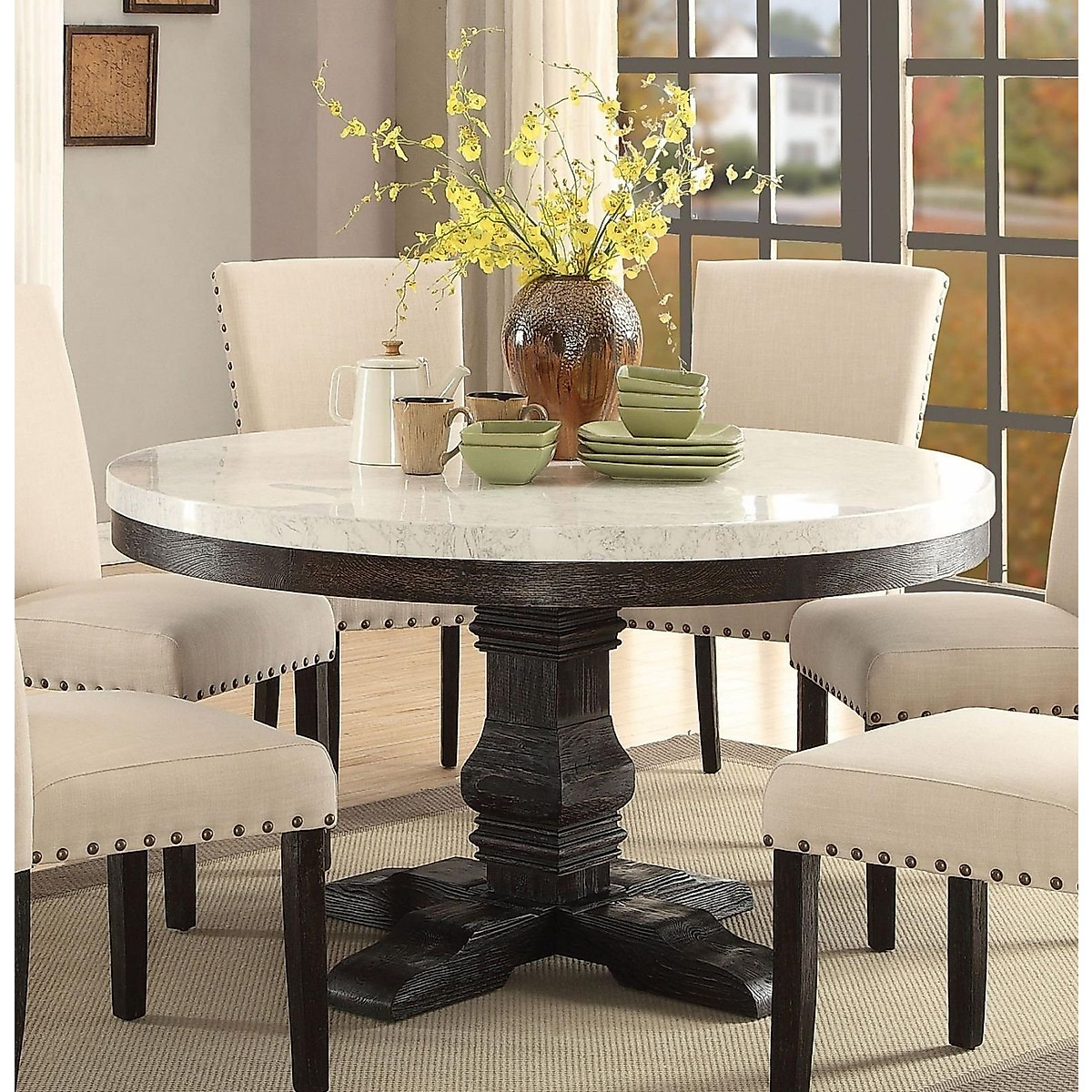 Acme 7PC Round White Marble Top Weathered Black Finish Wood Dining Table Set