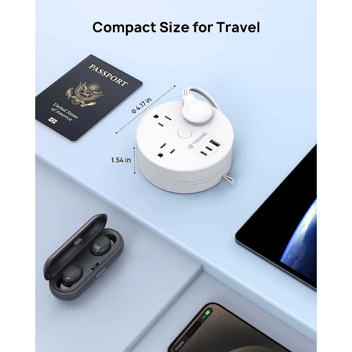 TROND Travel Power Strip - Retractable Extension Cord 5ft Ultra Thin Flat Plug, Retractable Power Strip with 3 AC Outlets 3 USB Ports (2 USB C), Cruise Ship Essentials, for Home Hotel Dorm Room, White