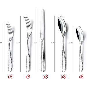 DANIALLI 45 Piece Silverware Set For 8, Includes 5-Piece Hostess Serving Utensil Set, 18 10 Stainless Steel Silverware Set, Modern Fidenza Hammered Flatware Set,Mirror-Polished Dishwasher Safe Cutlery