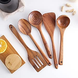 Wooden Spoons for Cooking, Cooking Utensils Set of 6 Natural Wooden Cooking Spatulas with Utensils Holder Comfort Grip Wooden Kitchen Utensils for Nonstick Cookware