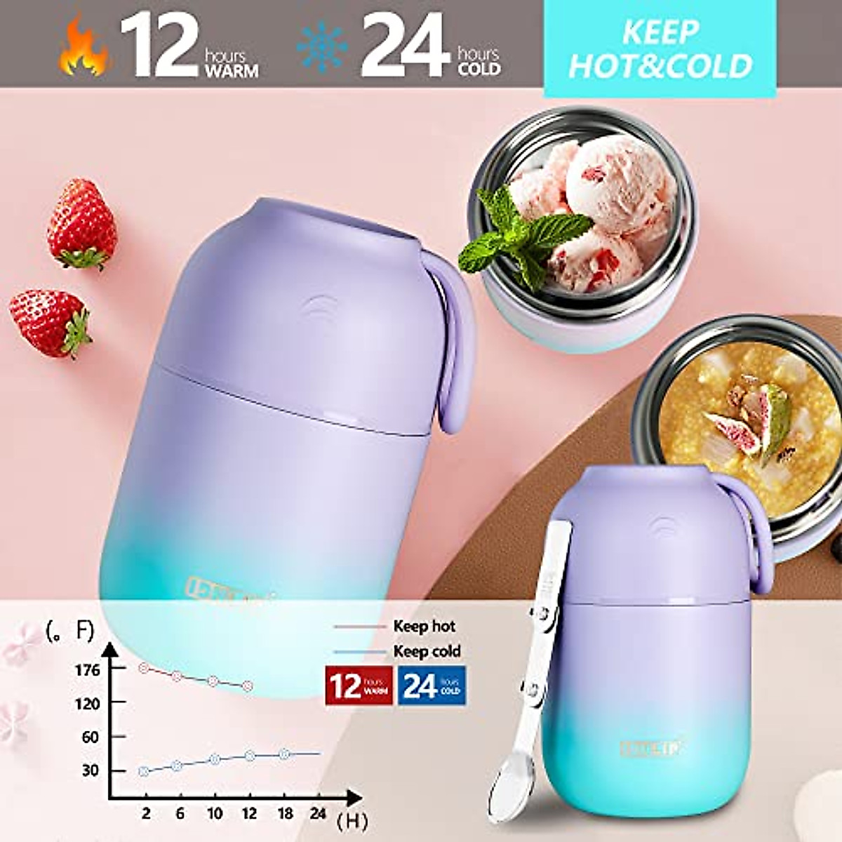 IDHLIP Thermos for Hot Food - Wide Mouth Soup Thermos for Kids Adults - 17 oz Insulated Food Container with Folding Spoon for Hot Cold Food Stainless Steel Food Jar for School (Purple-Blue)