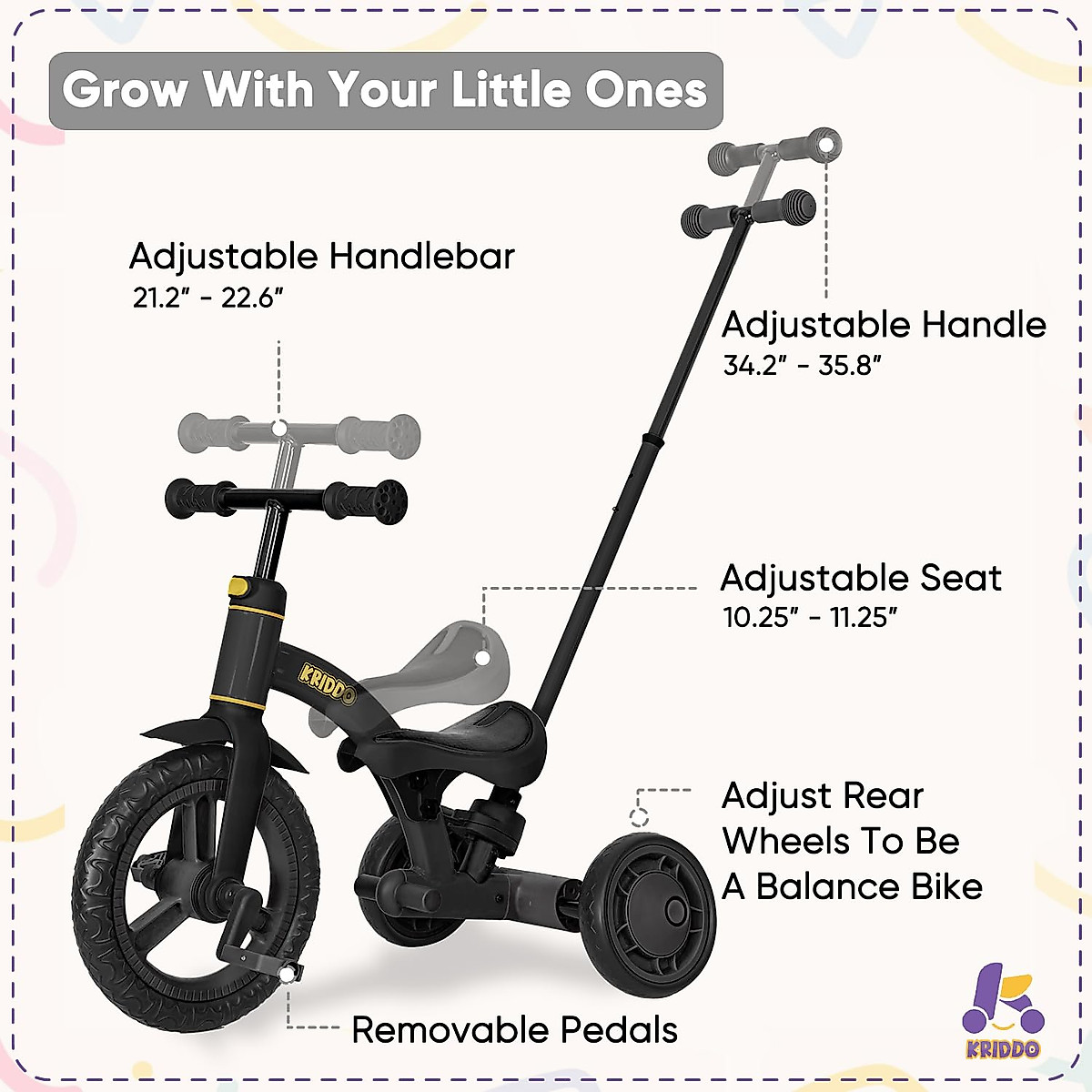 KRIDDO 3-in-1 Kids Tricycles for 2-3 Year Old, 12 Inch Front Wheel Trike and Toddler Balance Bike Bicycle for Boys Girls 2 Years to 4 Years, Removable Pedals for Push and Ride Fun, Blue