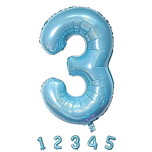 3rd Birthday Number Balloons for Kids, 40 Inch Foil Number 3 Balloons, Pastel Blue Large Self Inflating Number Balloons for Boys Men 30th Birthday Party Anniversary Party Decoration Supplies