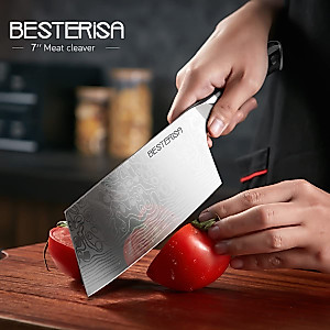 BESTERiSA Cleaver Knife - 7 Inch Meat Cleaver Butcher Knife - High Carbon German Stainless Steel EN1.4116 Ultra Sharp Vegetable and Meat Butcher Knife with Finger Guard for Home Kitchen and Restaurant