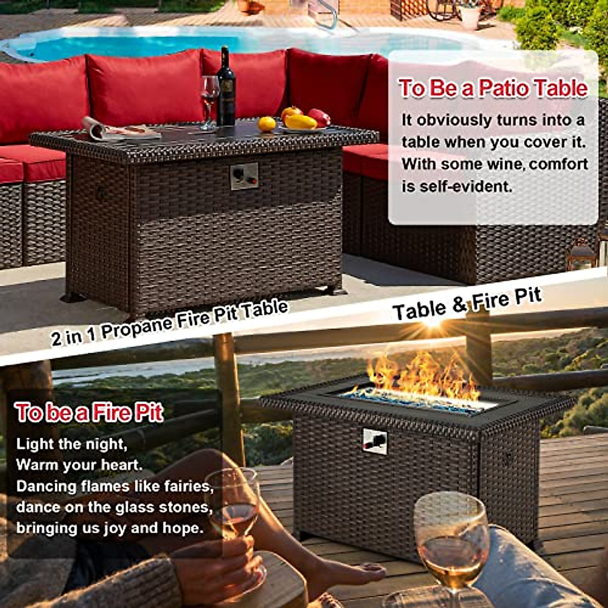 Vicluke 44in Porpane Fire Pit Table, Gas Fire Table for Outside with CSA Certification, 50,000 BTU Auto-Ignition Aluminum Propane Fire Pit with Lid, Cover, Glass Beads（Brown）