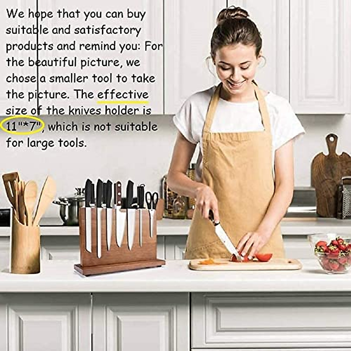 Knife Block,magnetic knife holder stand for kitchen counter,Knife Storage rack shelves, Rubber Wood Knife storage Organizer with Double Sided Magnetic,Knife Display Stand,without knives(12 * 7“)