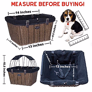 Travelin K9 Pet-Pilot MAX Wicker Bike Basket for Dogs/Cats - Includes Wire Cage Top w/Sun Shade + Plush Removable Padded Liner