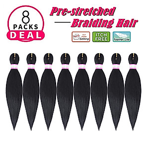 Pre-Stretched Braiding Hair Extensions Black-12 Inch 8 Packs Synthetic Braiding Hair Crochet Braids, Natural Easy Braid Crochet Hair, Hot Water Setting Professional Soft Yaki Straight Texture (#1B)