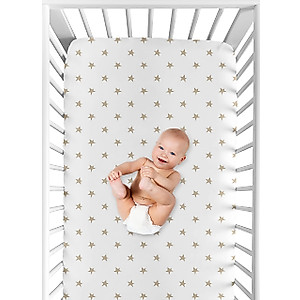 Sweet Jojo Designs Stars Boy or Girl Fitted Crib Sheet Baby or Toddler Bed Nursery - White and Gold Star for Celestial Sky Gender Neutral Unisex Collection