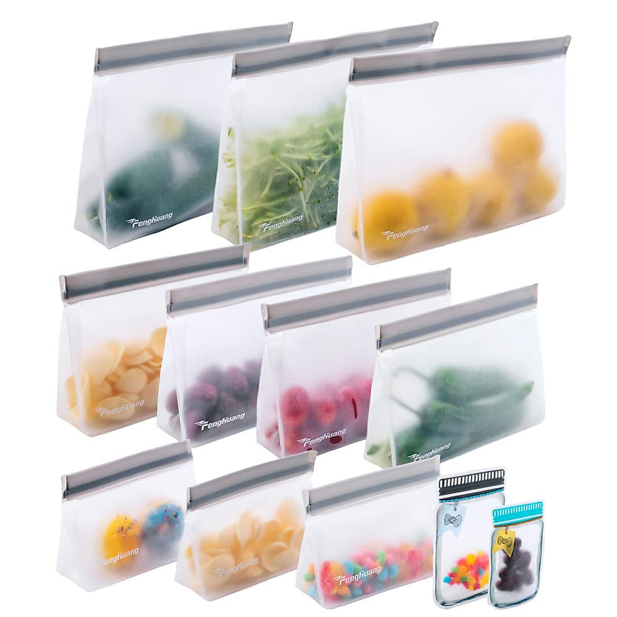 12 Reusable Food Storage Bags,STAND UP Reusable Freezer Bags,Snack,Lunch,Sandwich Ba