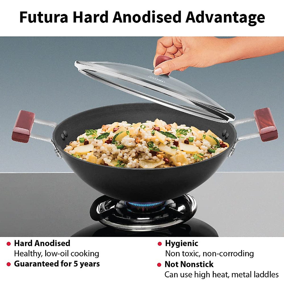 FUTURA Hawkins 3 Litre Deep Fry Pan with Glass Lid, Hard Anodised Kadai, Flat Bottom Kadhai, Black (AD30G)