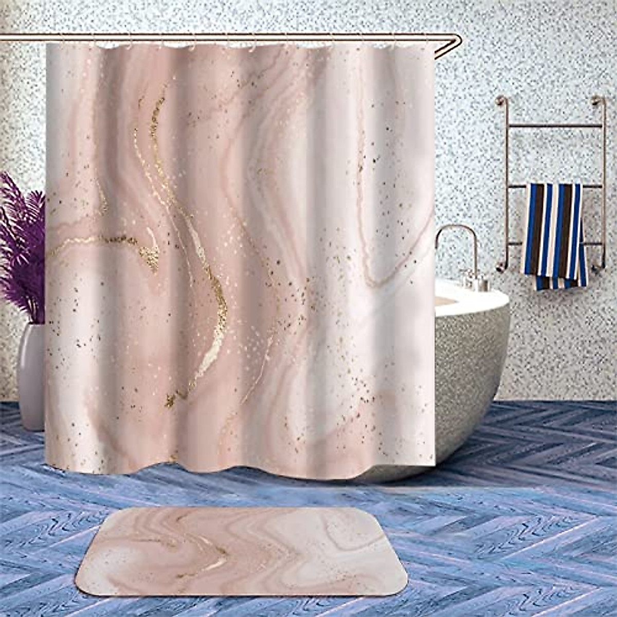 Zmcongz Abstract Marble Shower Curtain Set with Rugs for Bathroom Decor Liquid Pink Marble Luxury Gold Foil Waterproof Fabric Cloth Bath Curtain, Non-Slip Bathroom Rugs Bath Mats, 72x72 Inch