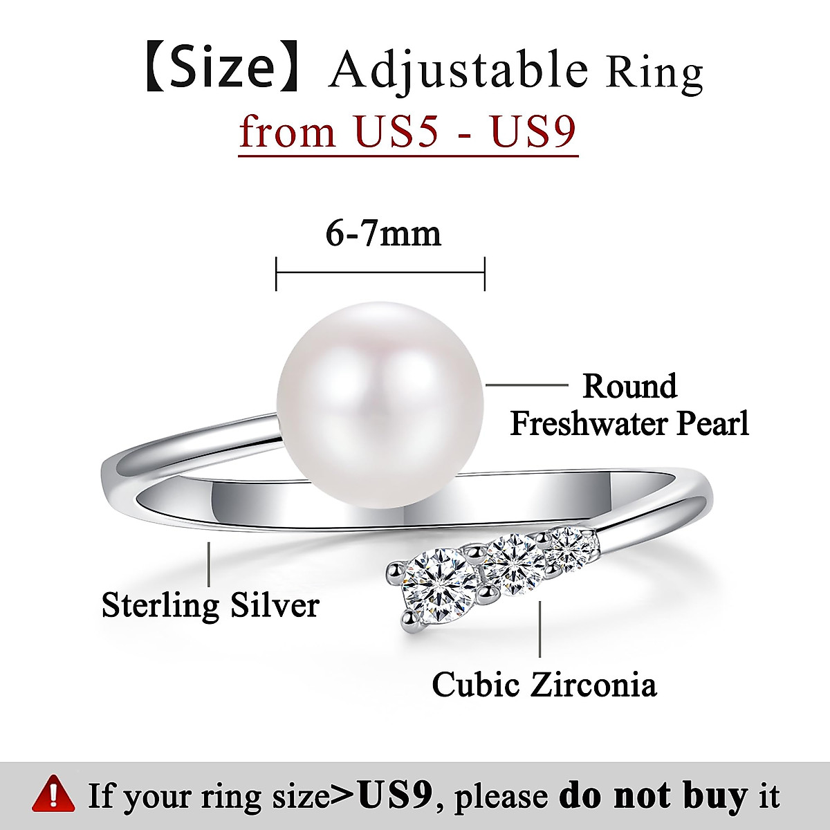 Freshwater Pearl Ring Sterling Silver Rings for Women 925 Adjustable with Cubic Zirconia Open June Birthstone Rings with Real Round Genuine Cultured Stackable